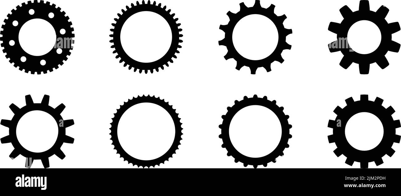 A digital illustration of a pack of gear icons on a white background ...