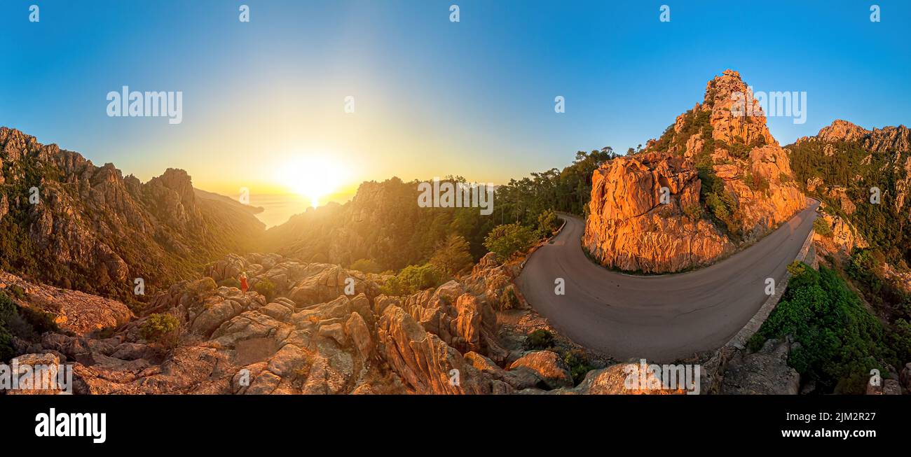 Aerial 360 degrees panorama of tourist girl on D81 rd. of Calanques of ...