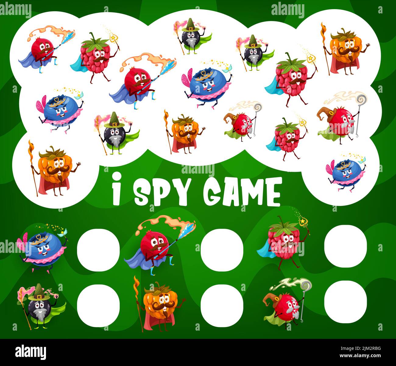 I spy game worksheet. Cartoon berry wizard, mage and fairy characters ...