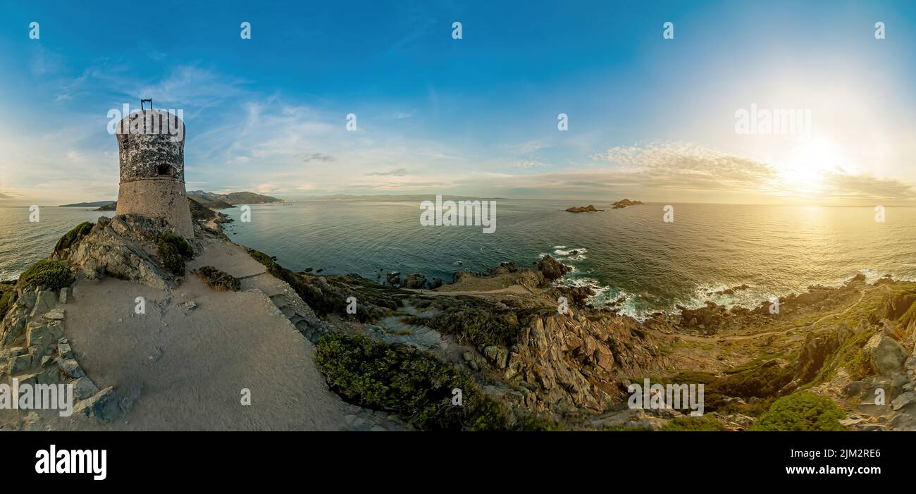tourist woman hiker walking on top in Punta Parata by the Sanguinaires ...