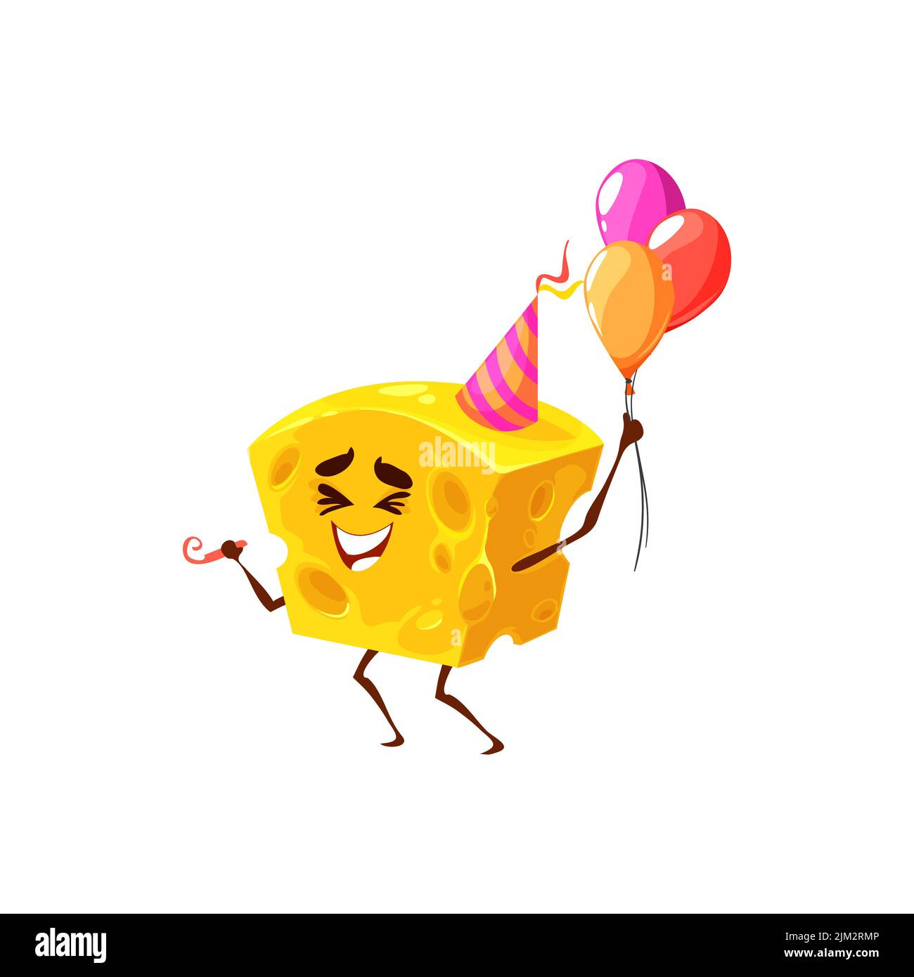 Cartoon cheese celebrating birthday holiday with party balloons, vector ...