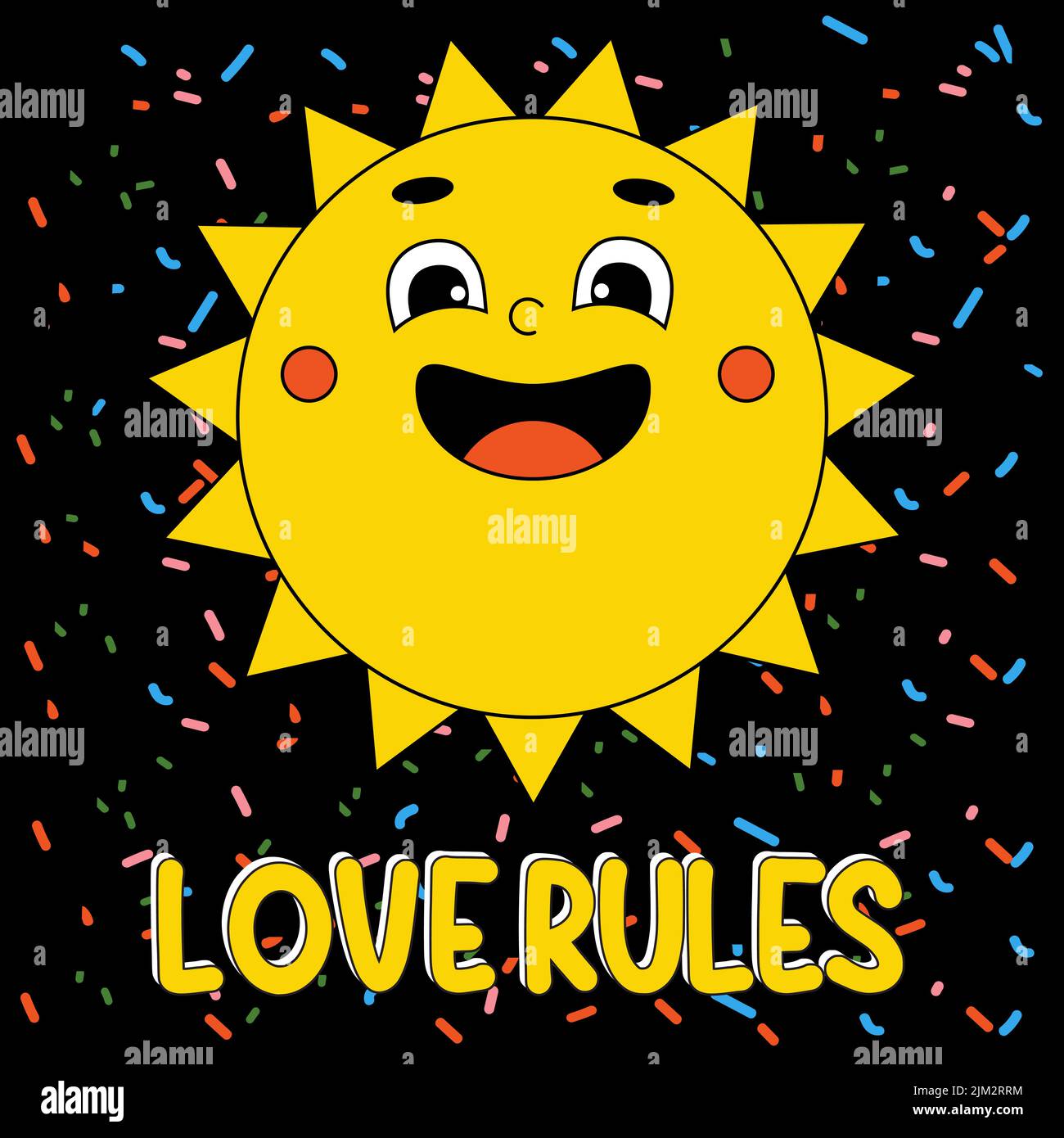 Groovy element funky sun. Funny cartoon character. Love rules quote ...