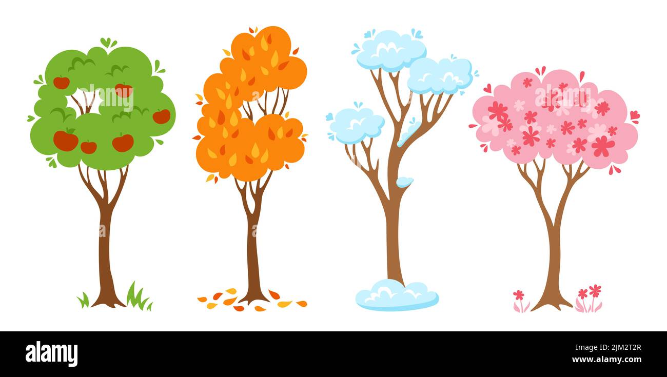 Tree four season flat cartoon set. Spring, summer and autumn, winter ...