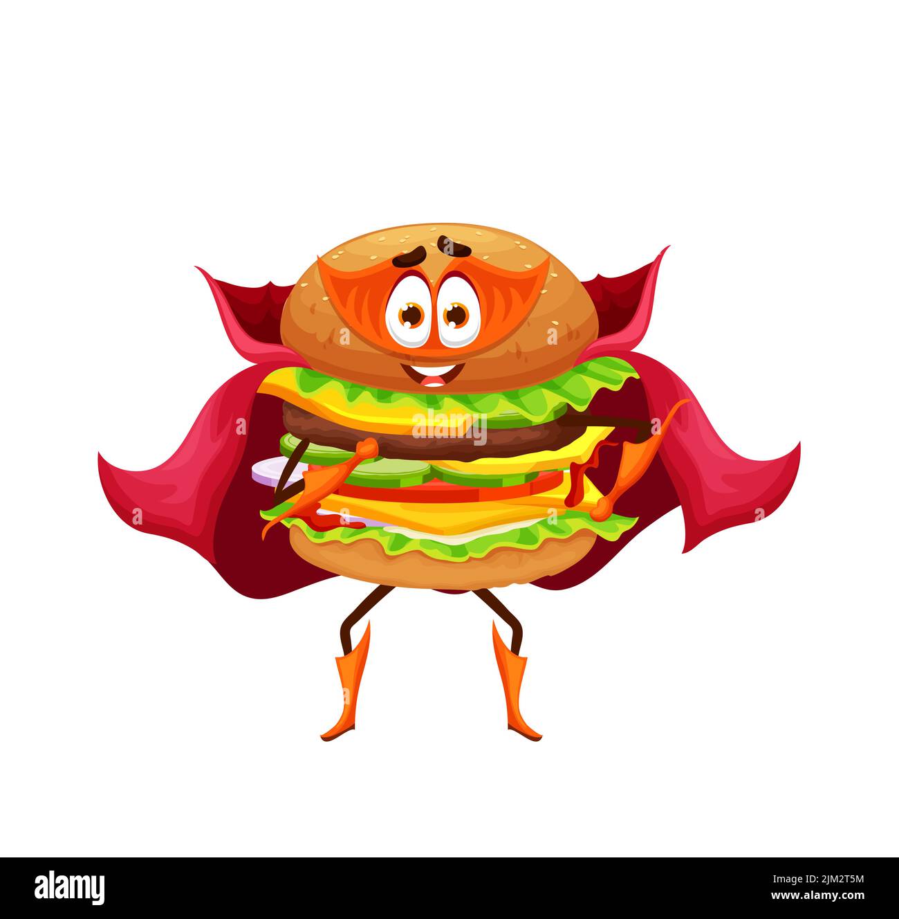Cartoon cheeseburger superhero character. Fast food takeaway burger or ...