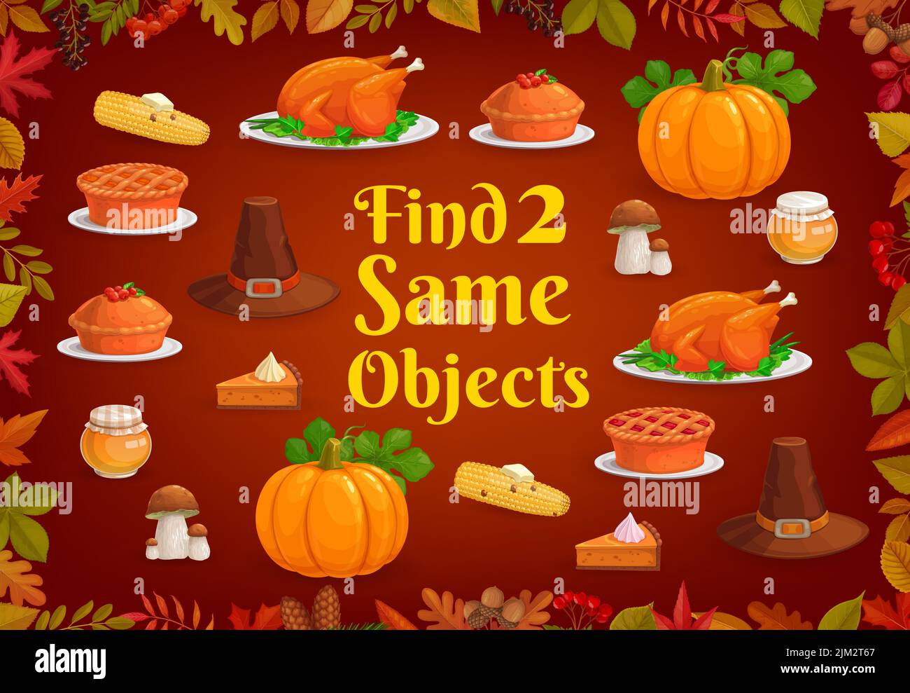 Thanksgiving kids maze worksheet, find two same meals. Vector child ...