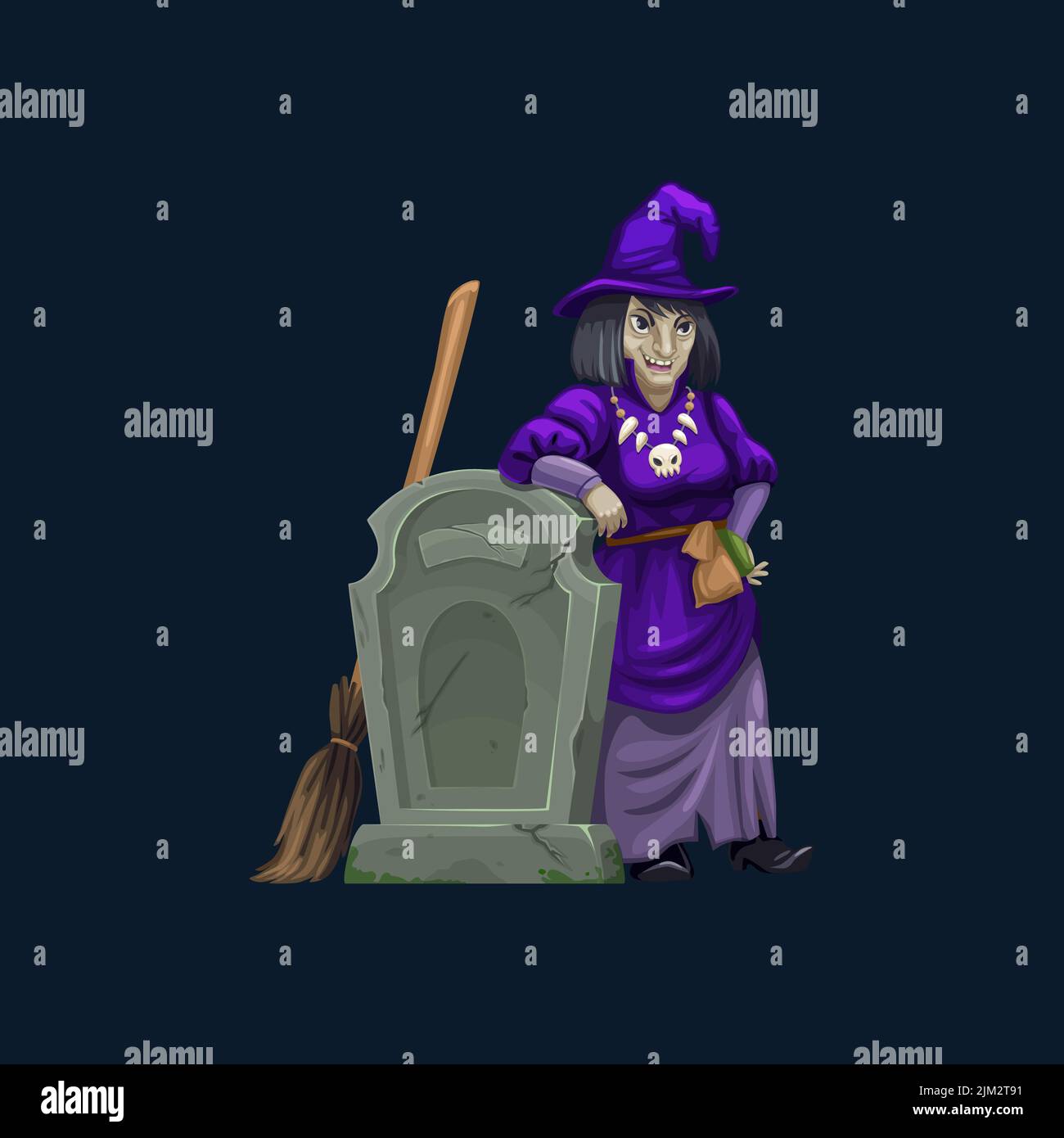 Witch at cemetery tomb, spooky Halloween vector character. Sinister ...