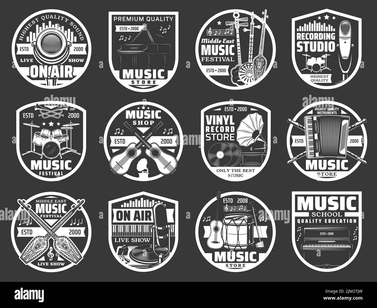 Music instrument, microphone and vinyl record player vector badges ...