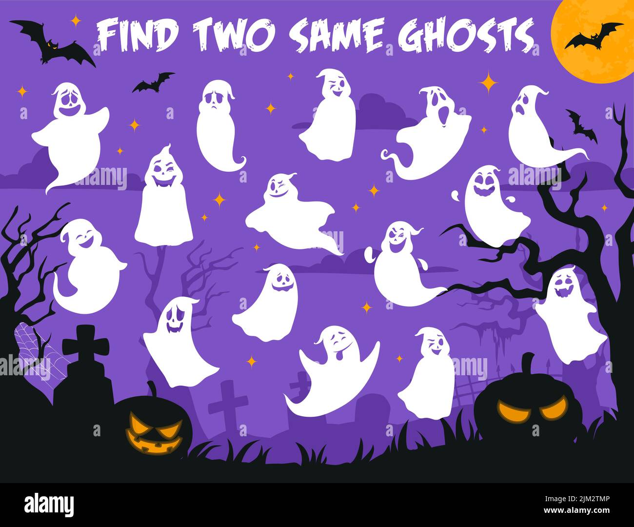 Find two same Halloween ghosts on cemetery, vector game worksheet. Kids ...