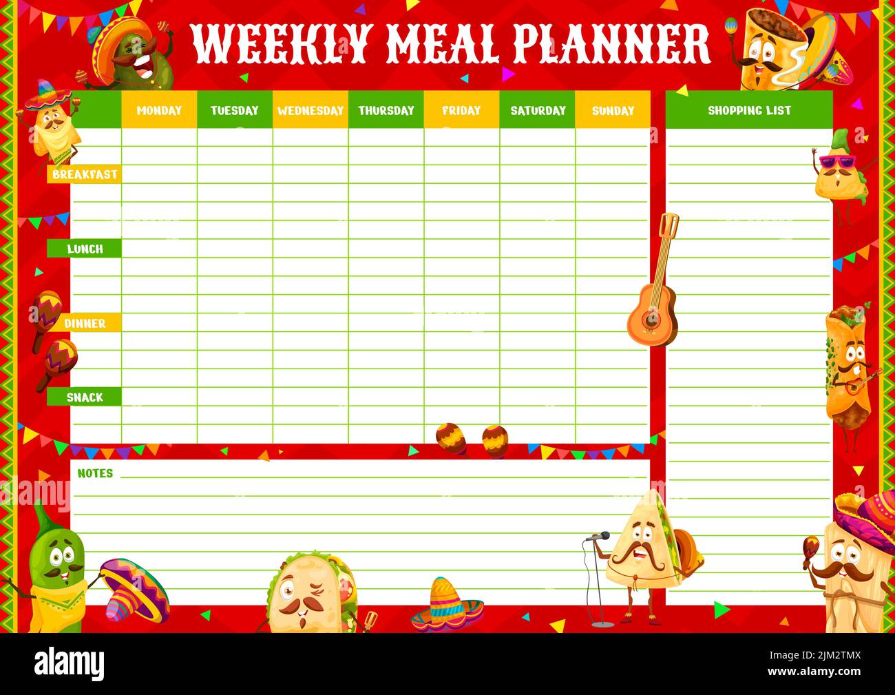 Weekly meal planner with Mexican Tex Mex food characters, vector week ...