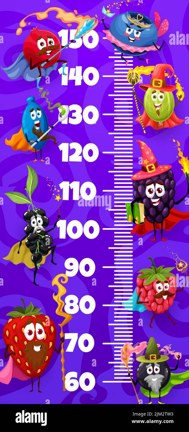 Cartoon funny wizards and fairy berries characters, kids height chart ...