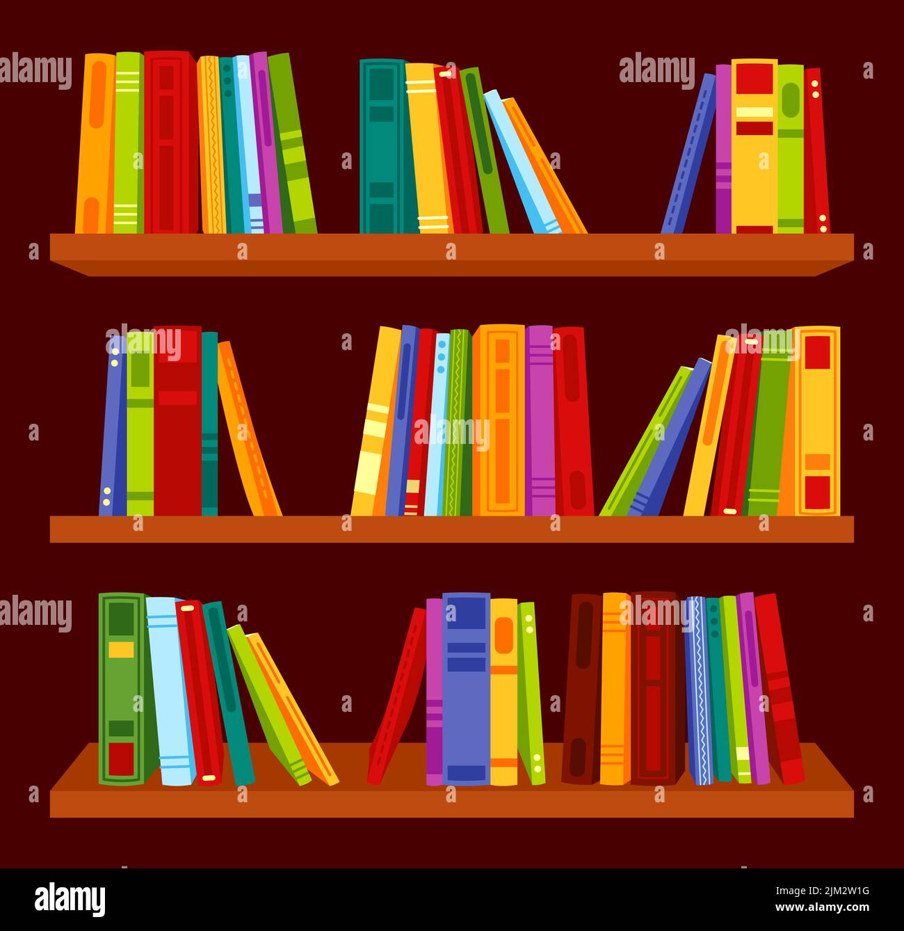 Bookshelf library interior wall colorful flat set. Design bookcase ...