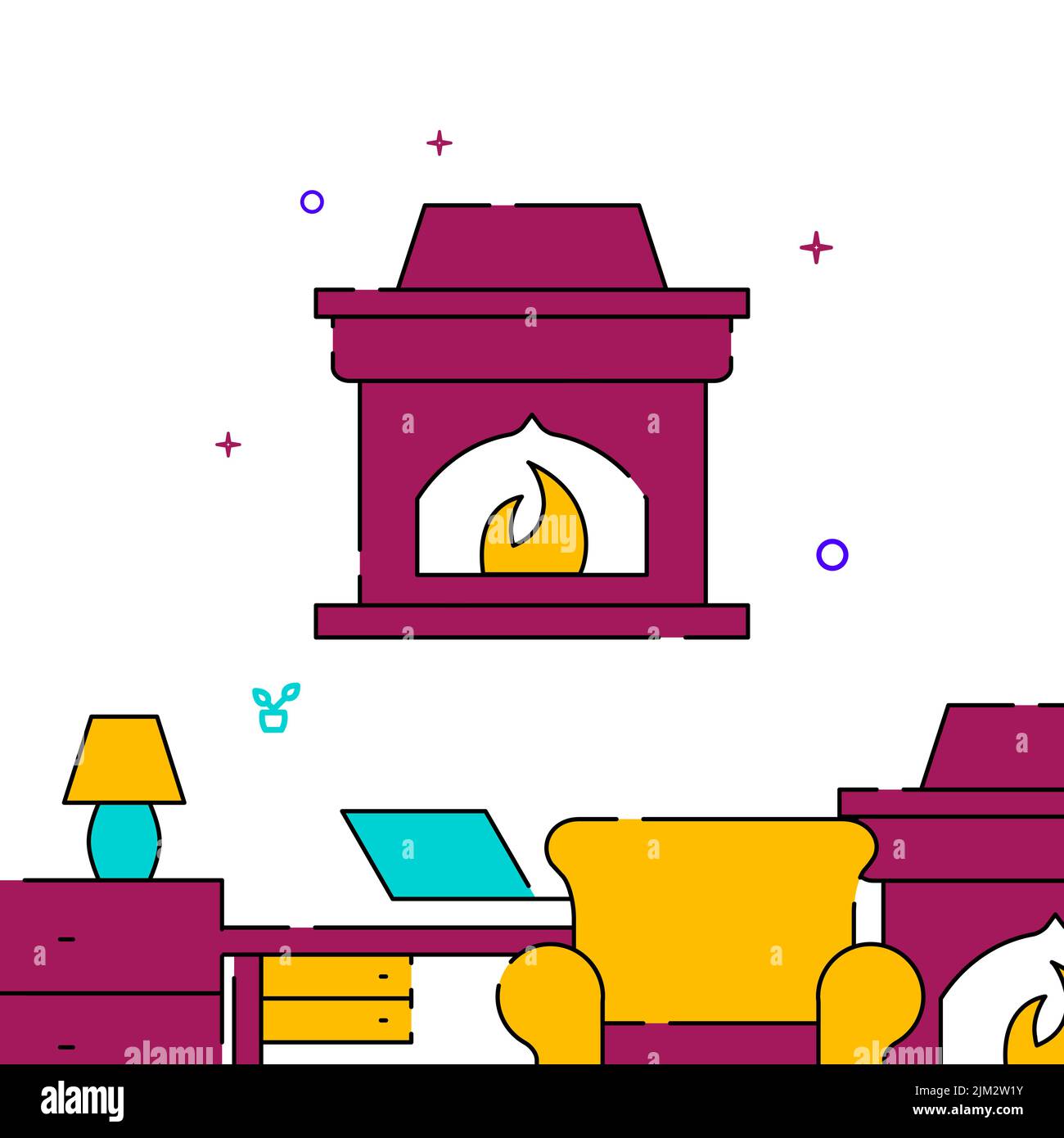Fireplace filled line vector icon, simple illustration, related bottom ...