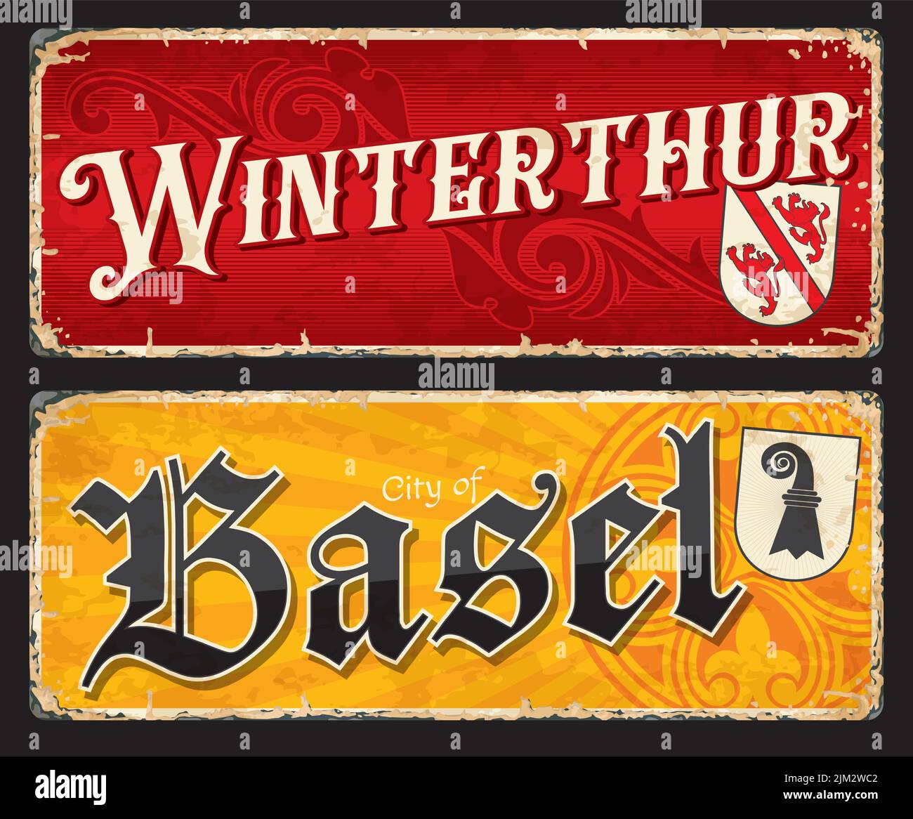 Winterthur, Basel, Swiss city plates and travel stickers, vector ...