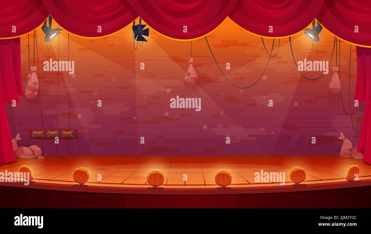 Retro theater stage with red curtains, spotlights and decoration with ...