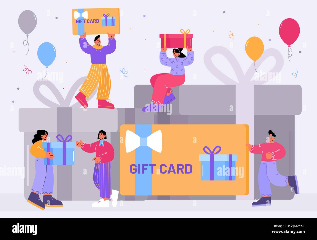 Gift card, customers reward and loyalty program concept. Tiny buyers at ...