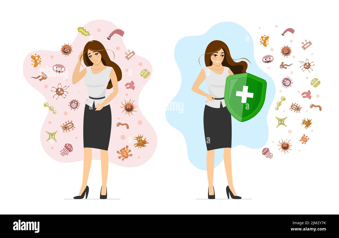 Woman healthy and disease immune system comparison concept. Strong ...