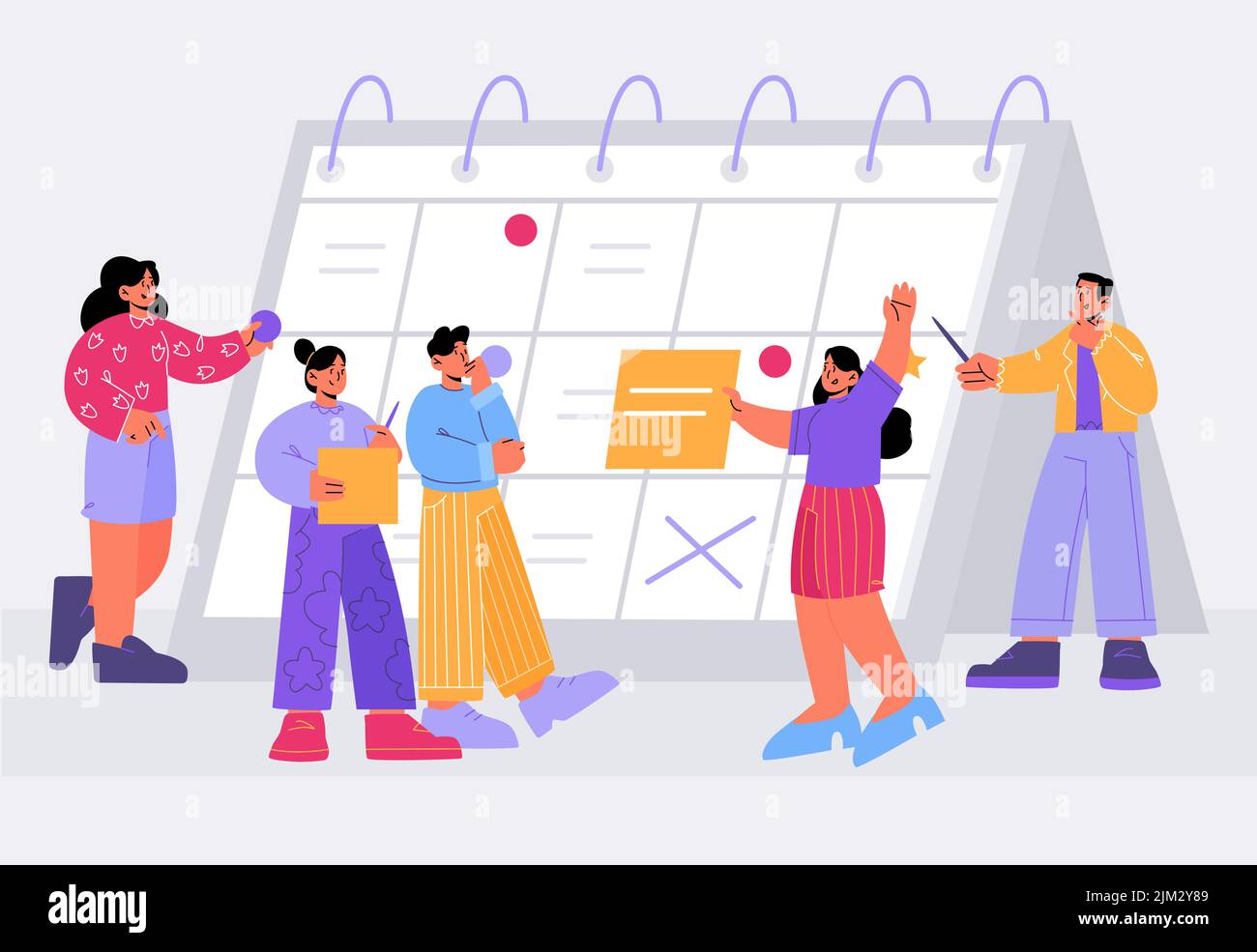 Tiny business people team around of huge calendar making schedule of ...