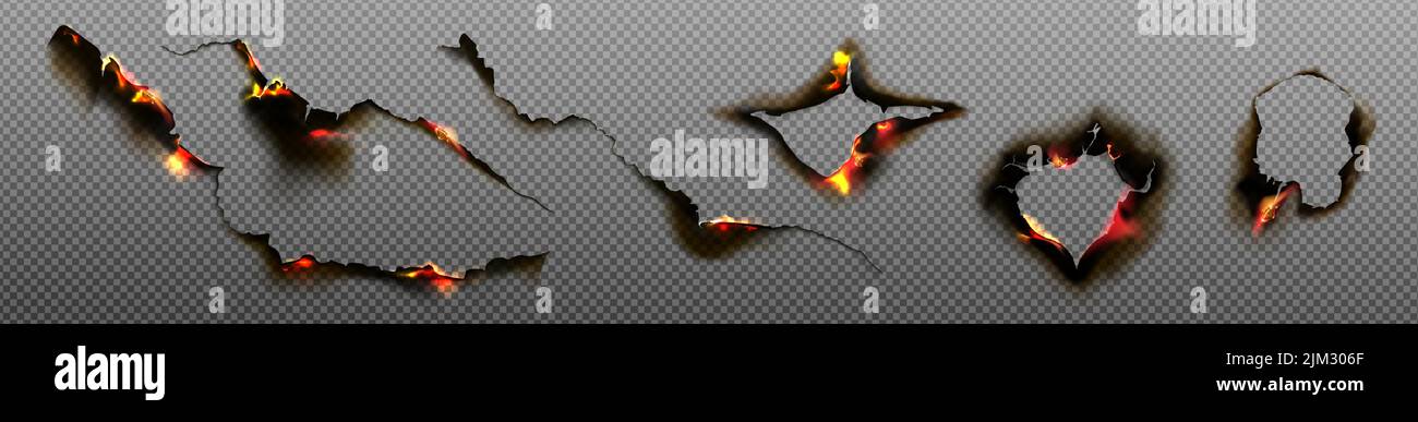 Burn paper holes and borders, burnt page with smoldering fire on ...