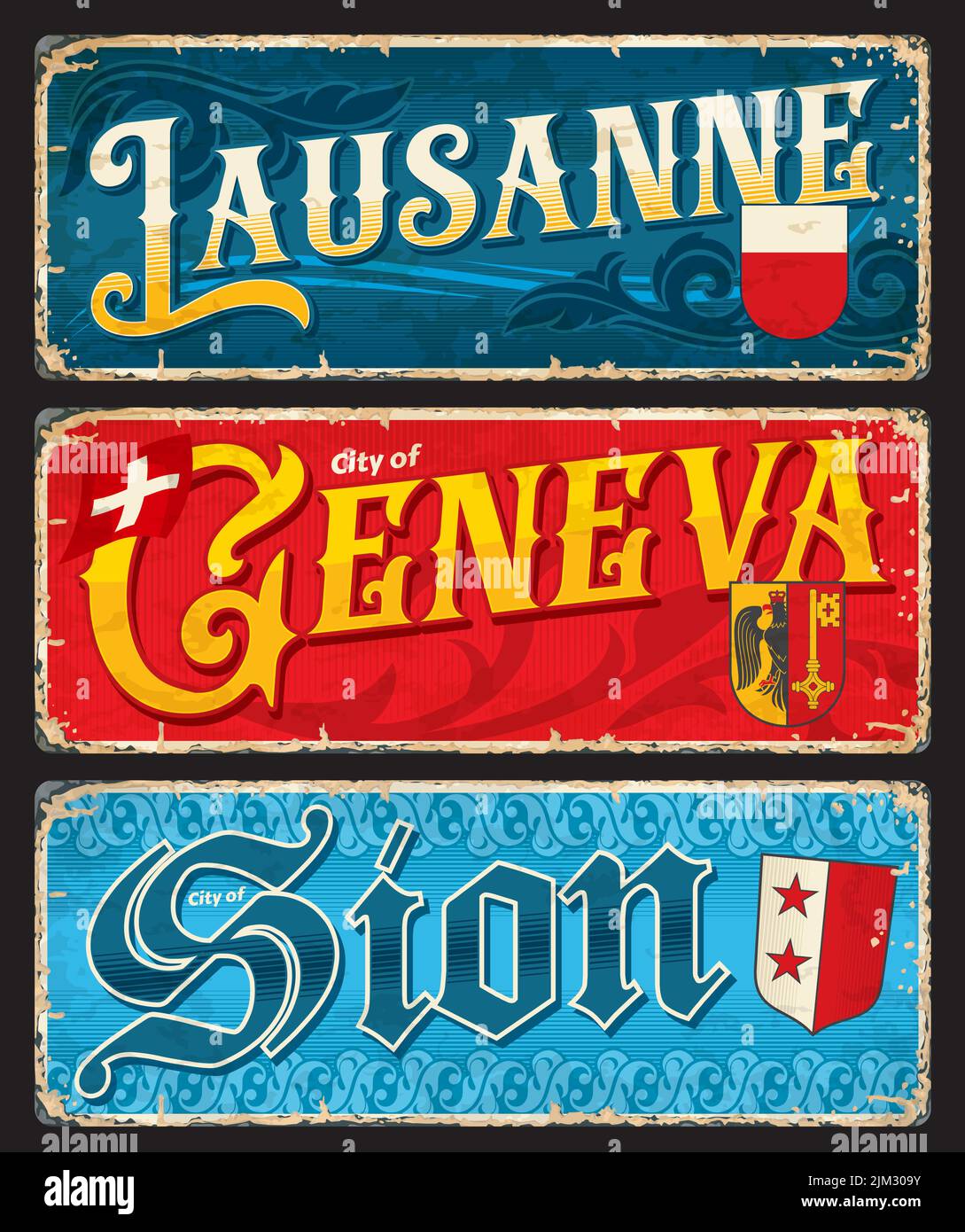 Lausanne, Geneva, Sion, Swiss city plates and travel stickers, vector ...