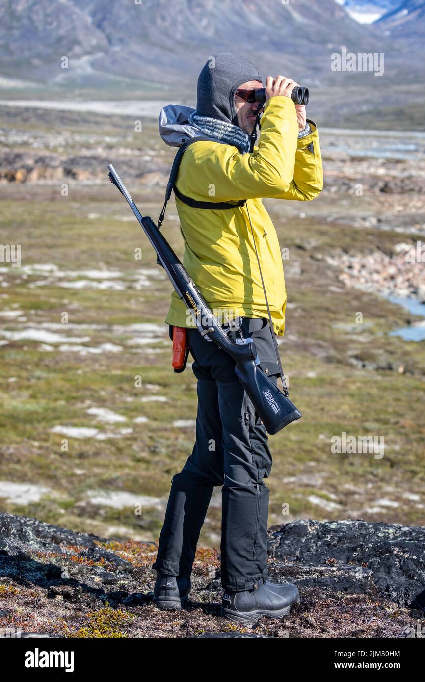 Male lookout armed with rifle scanning for polar bears in the tundra at ...