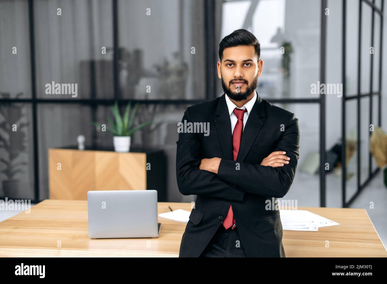 Portrait of elegant serious confident successful Indian or Arabian businessman in a suit, lawyer ...