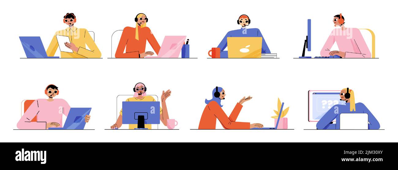 Call center with operators working on computer and laptop. Vector flat ...