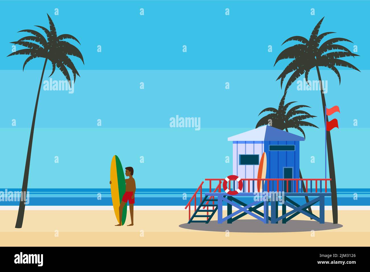 Lifeguard station on the beach palms, surfer, coast ocean, sea. Summer ...