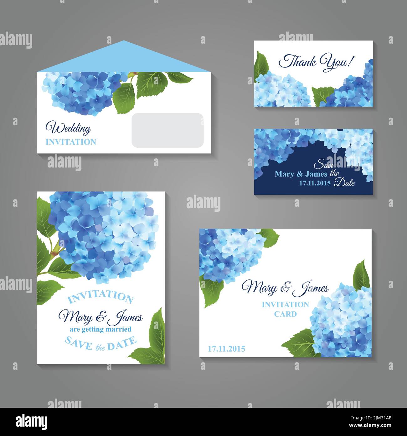 Wedding invitation cards set with hydrangea flower bouquet isolated ...