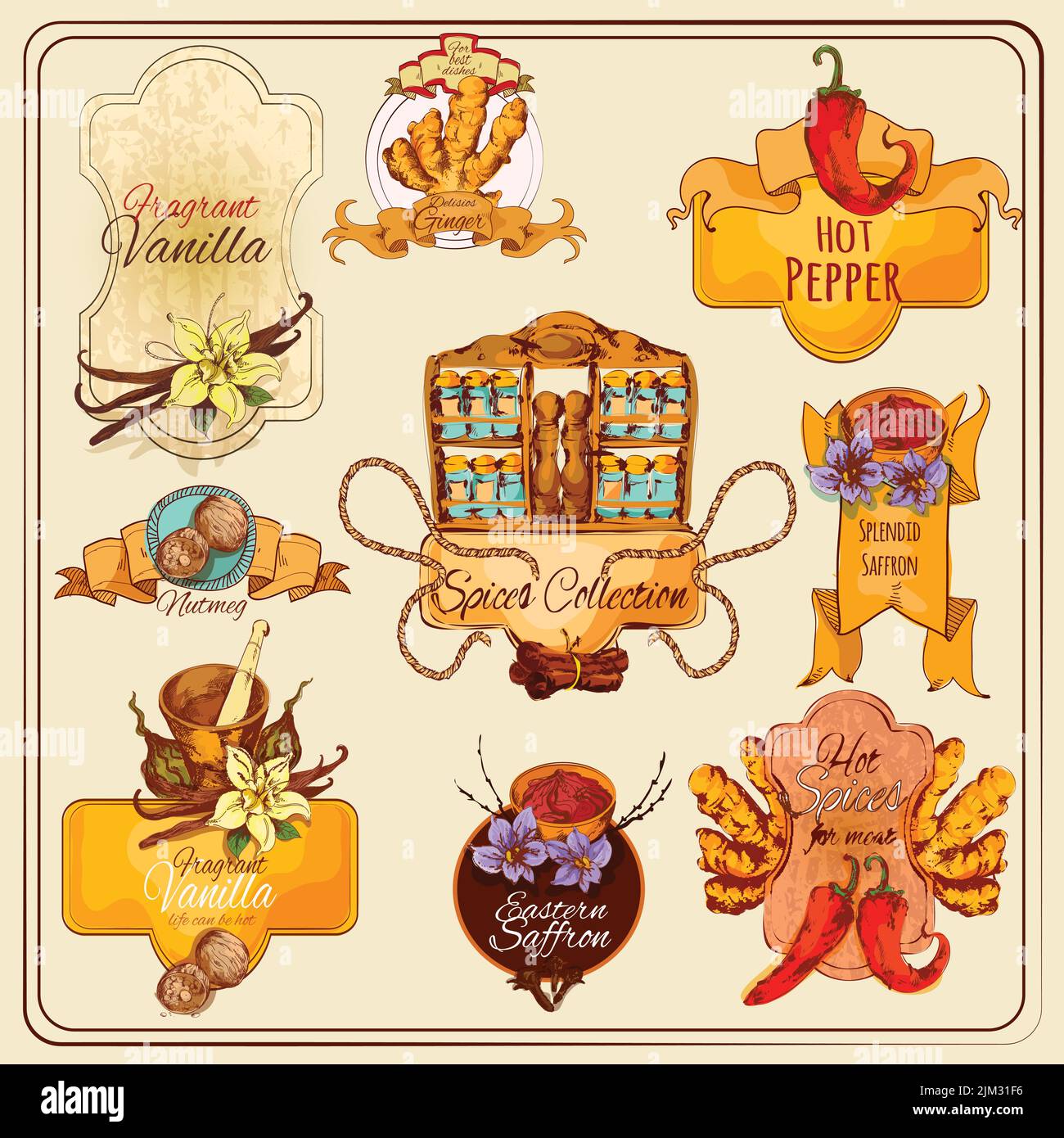 Cooking spices vintage labels set with hand drawn food condiments ...