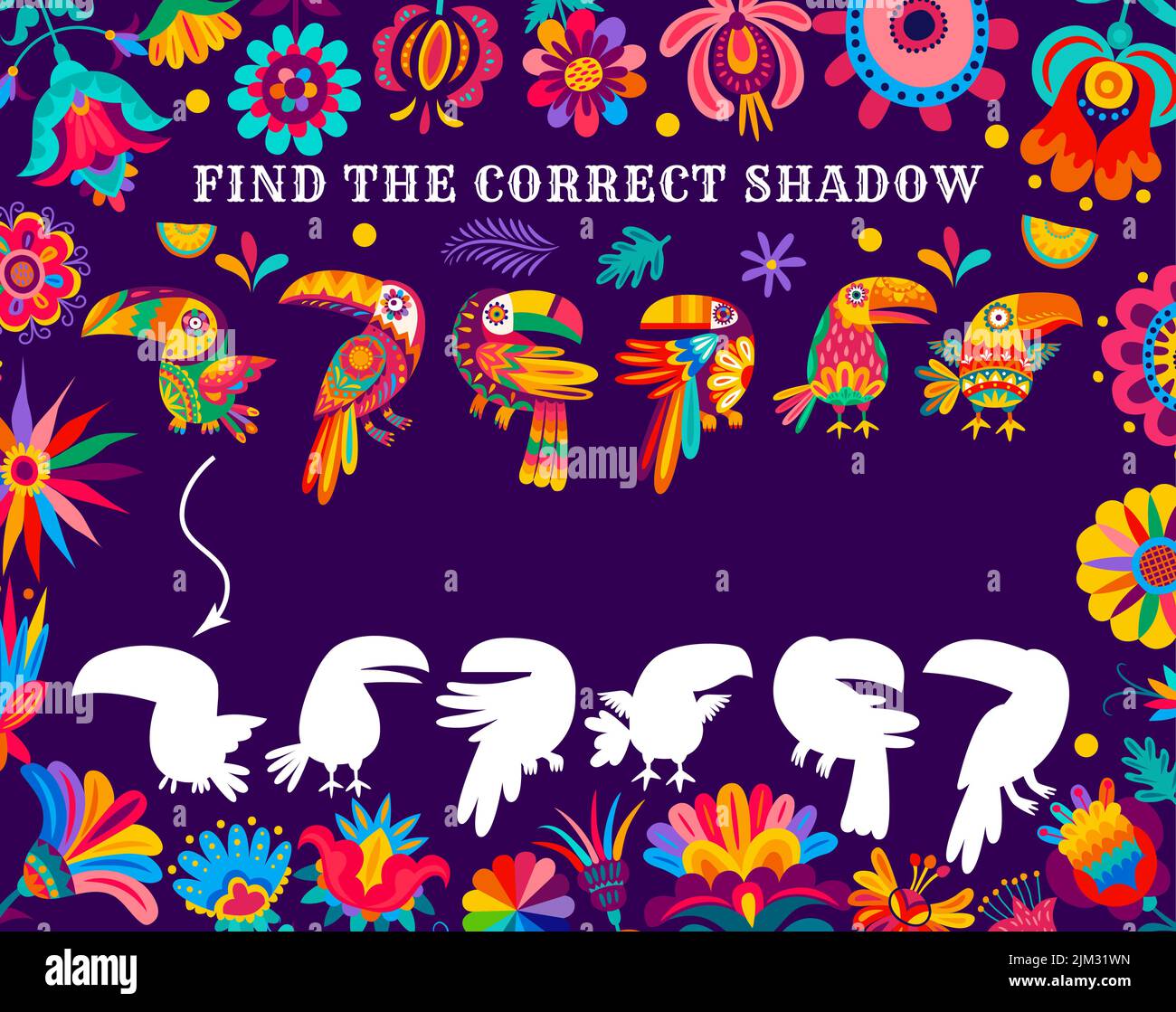 Find the correct shadow of bright mexican toucan birds kids game ...