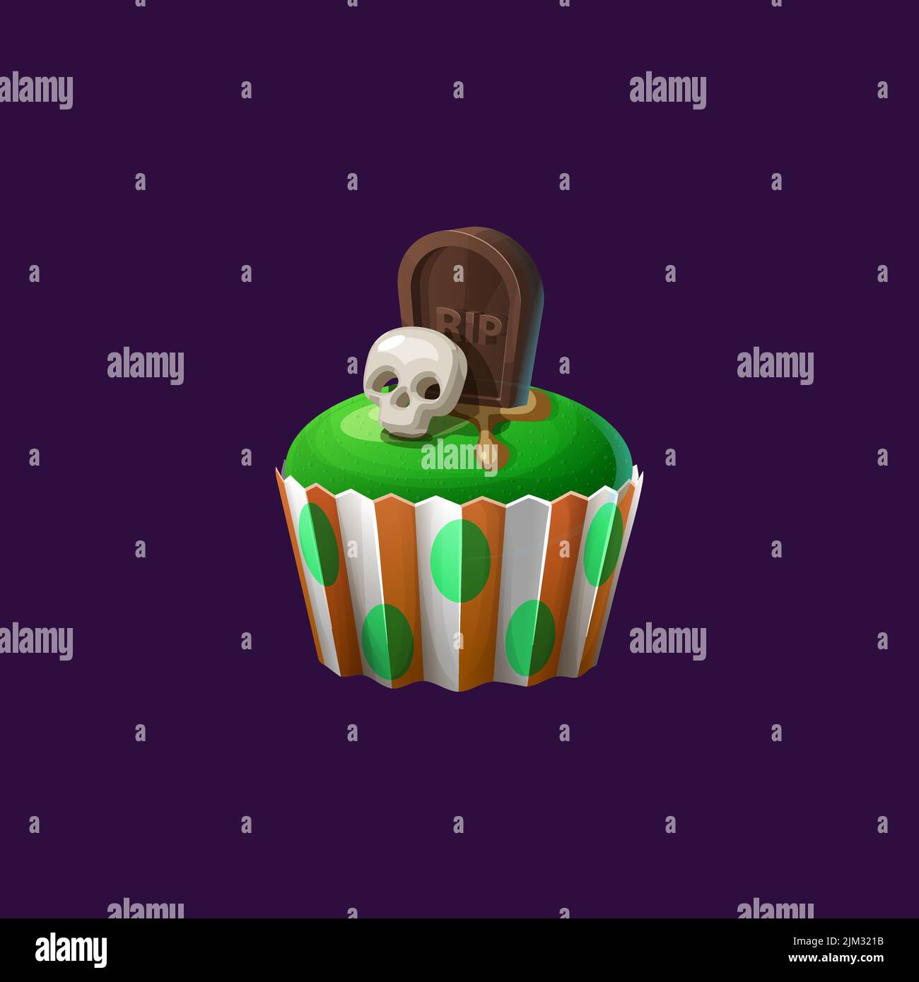 Creepy cupcake decorated by tombstone and human skull isolated cartoon ...