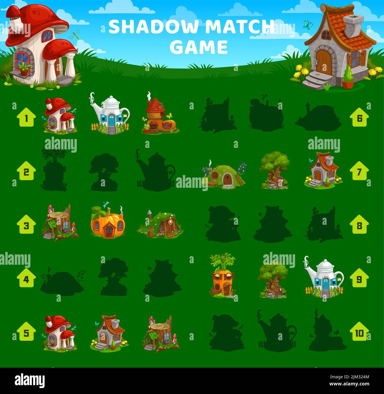 Shadow match game vector worksheet of cartoon gnome and elf houses or ...