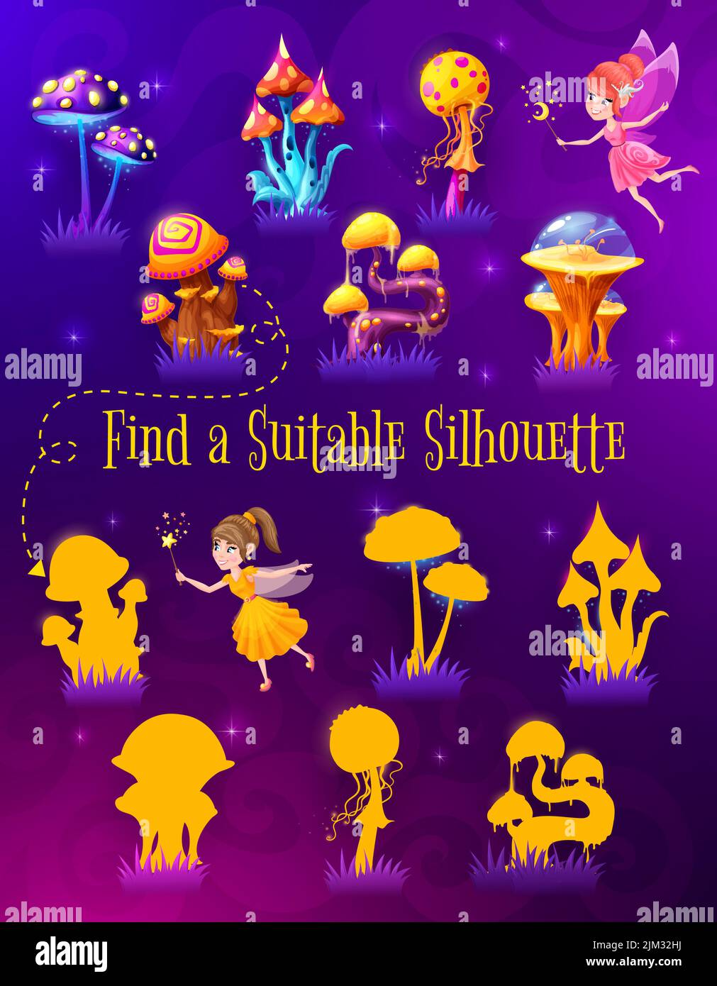 Find a silhouette of magic luminous mushroom on kids game worksheet ...
