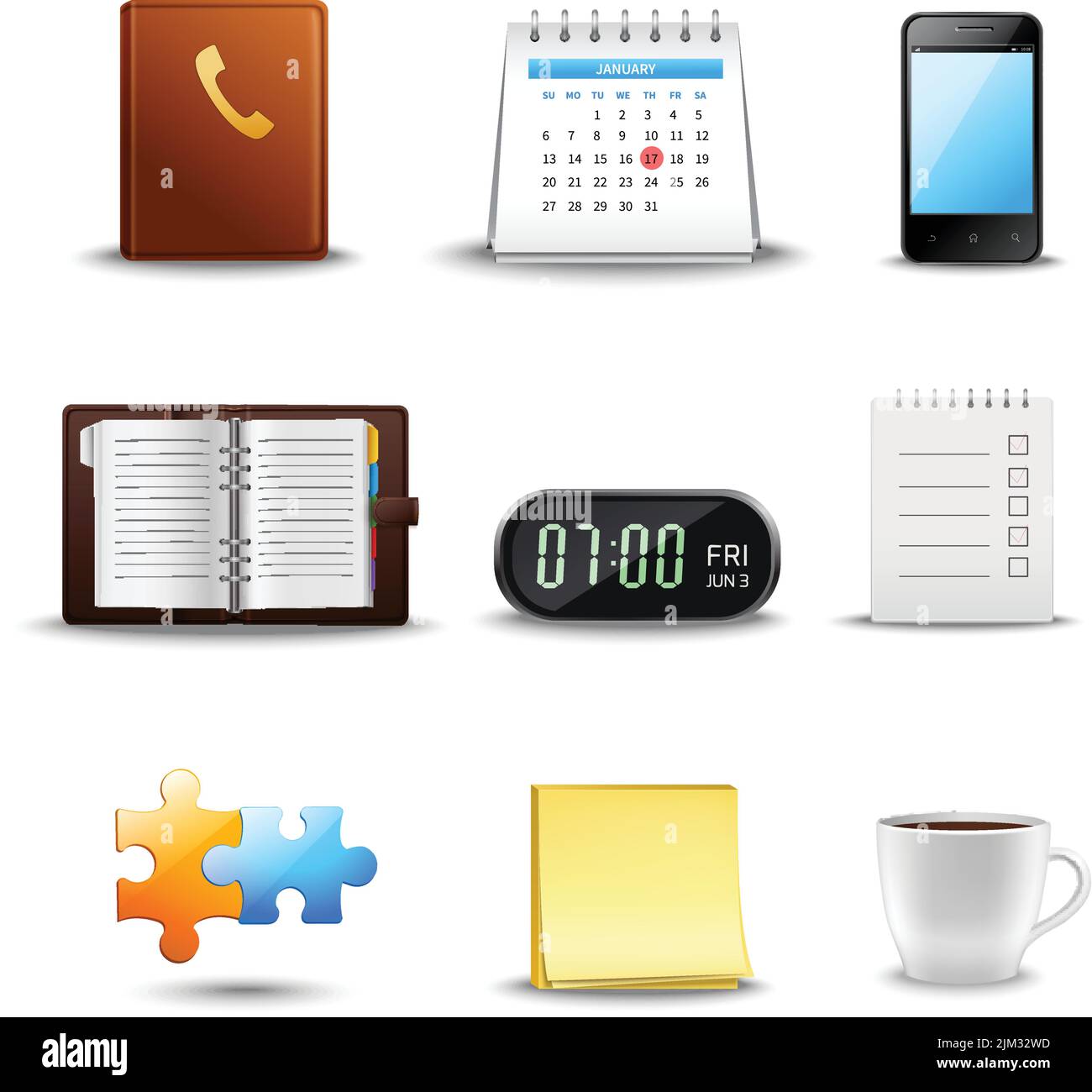 Realistic time management icons with notebook calendar schedule coffee ...