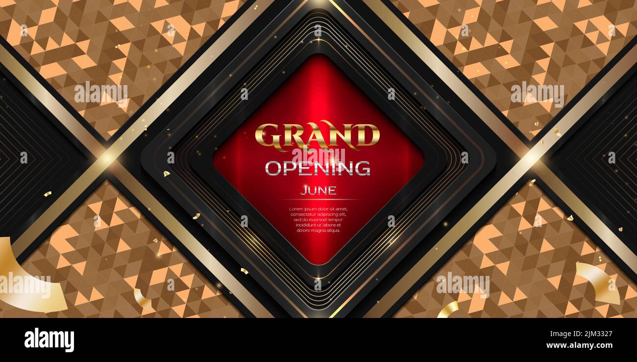 A Grand Opening ceremony Banner with golden triangular pattern and ...