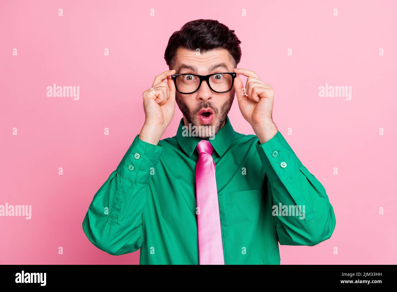 Closeup photo of young funny guy take off glasses check new vision ...