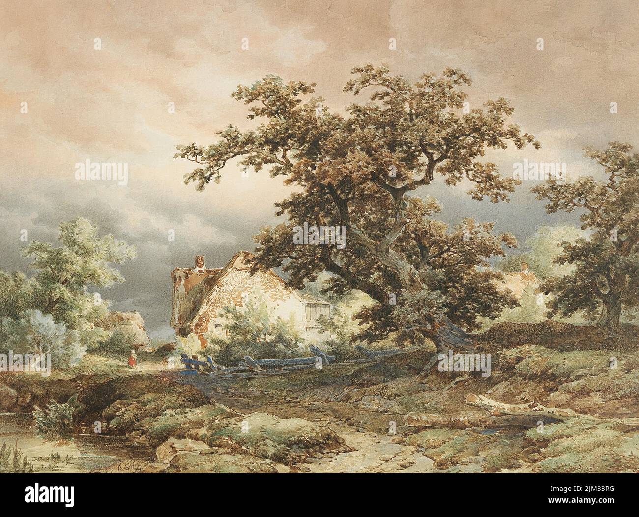 Bauernhaus und Eiche (Farmhouse and Oak) 19th century painting by ...