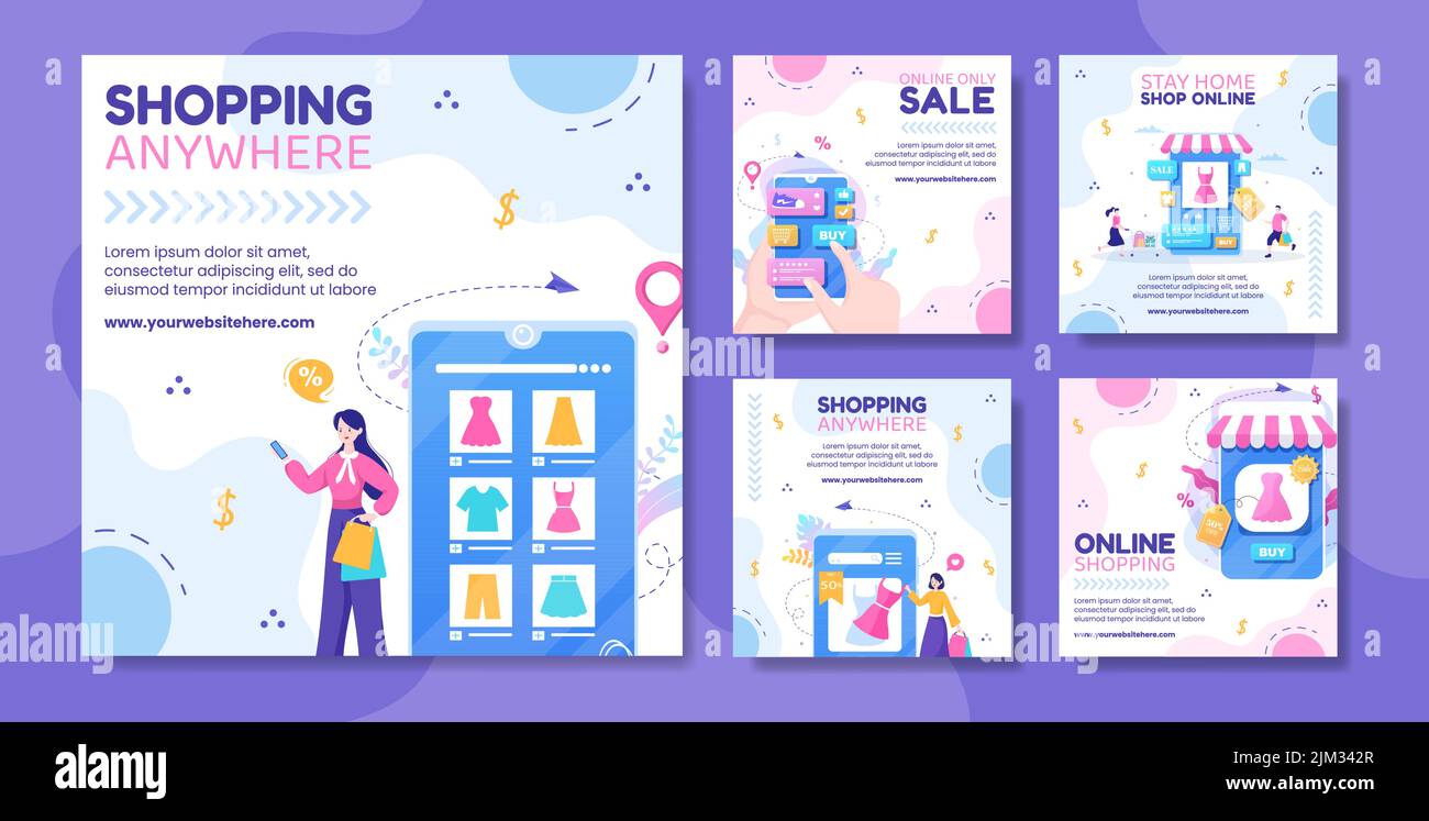 Online Shopping Social Media Post Template Flat Cartoon Background ...