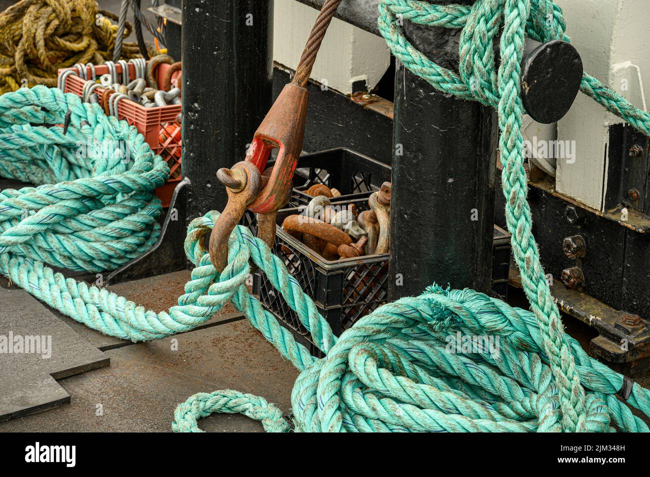 Hawsers and Clevises on the stern deck of the tugboat Danielle Stock ...