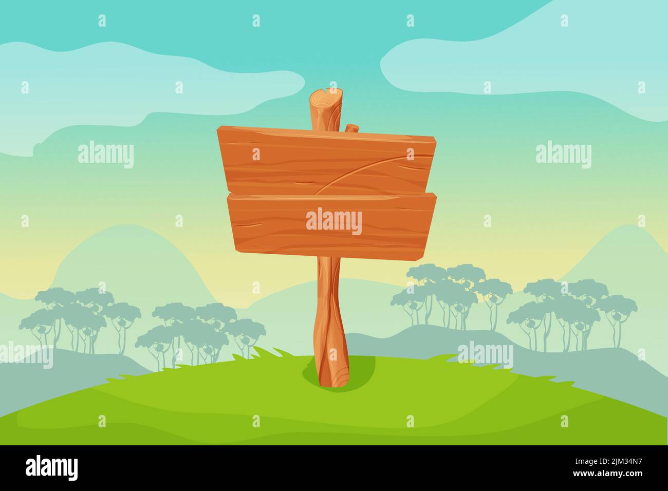 Game background landscape with wooden signboard in cartoon style. Magic ...