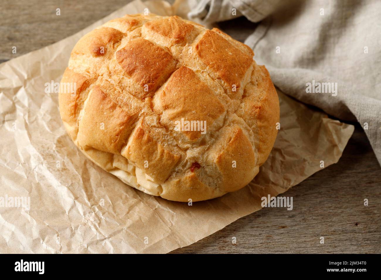 Homemade Boule Round Loaf Bread on Brown Paper, Rustic Wooden Table. Concept Bakery Stock Photo ...