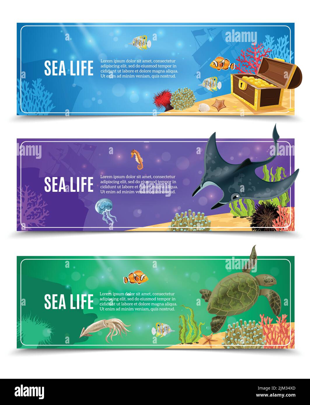 Variants of underwater sea life and seabed decorative banner set vector ...