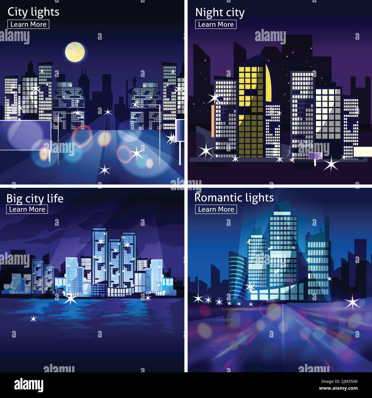 Four icon set with night cityscapes and lights in modern style isolated ...