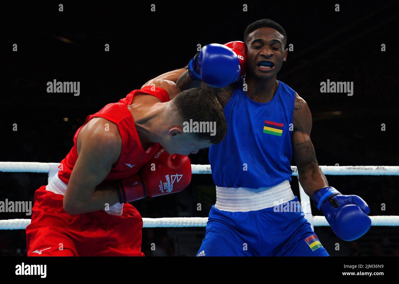 Wales's Garan Croft (Red) and Mauritius's Mervan Clair (Blue) in the ...