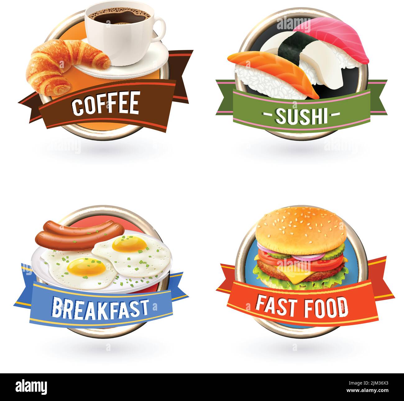 Breakfast labels set with coffee sushi fried egg fast food hamburger ...