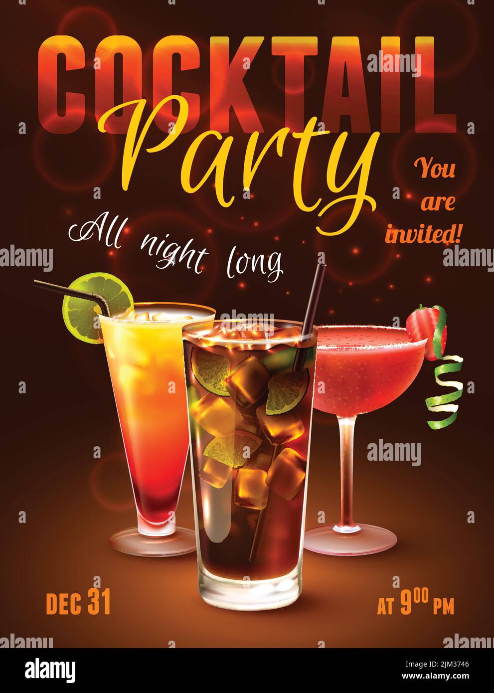 Cocktail party poster with alcohol drinks in glasses on dark background ...