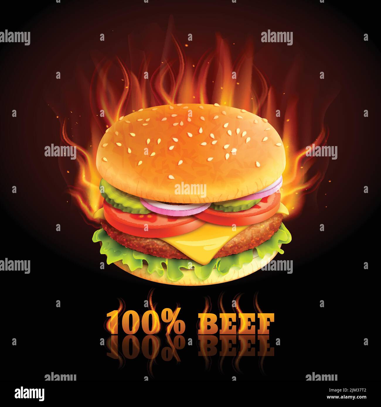 Realistic beef hamburger in fire hot fast food background vector ...