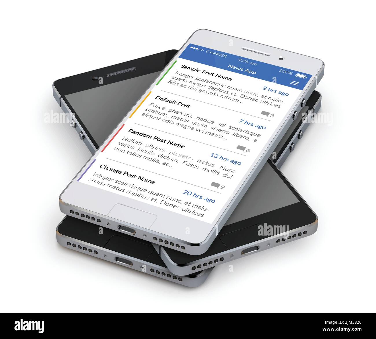 Realistic 3d smartphone stack with news application on screen isolated ...