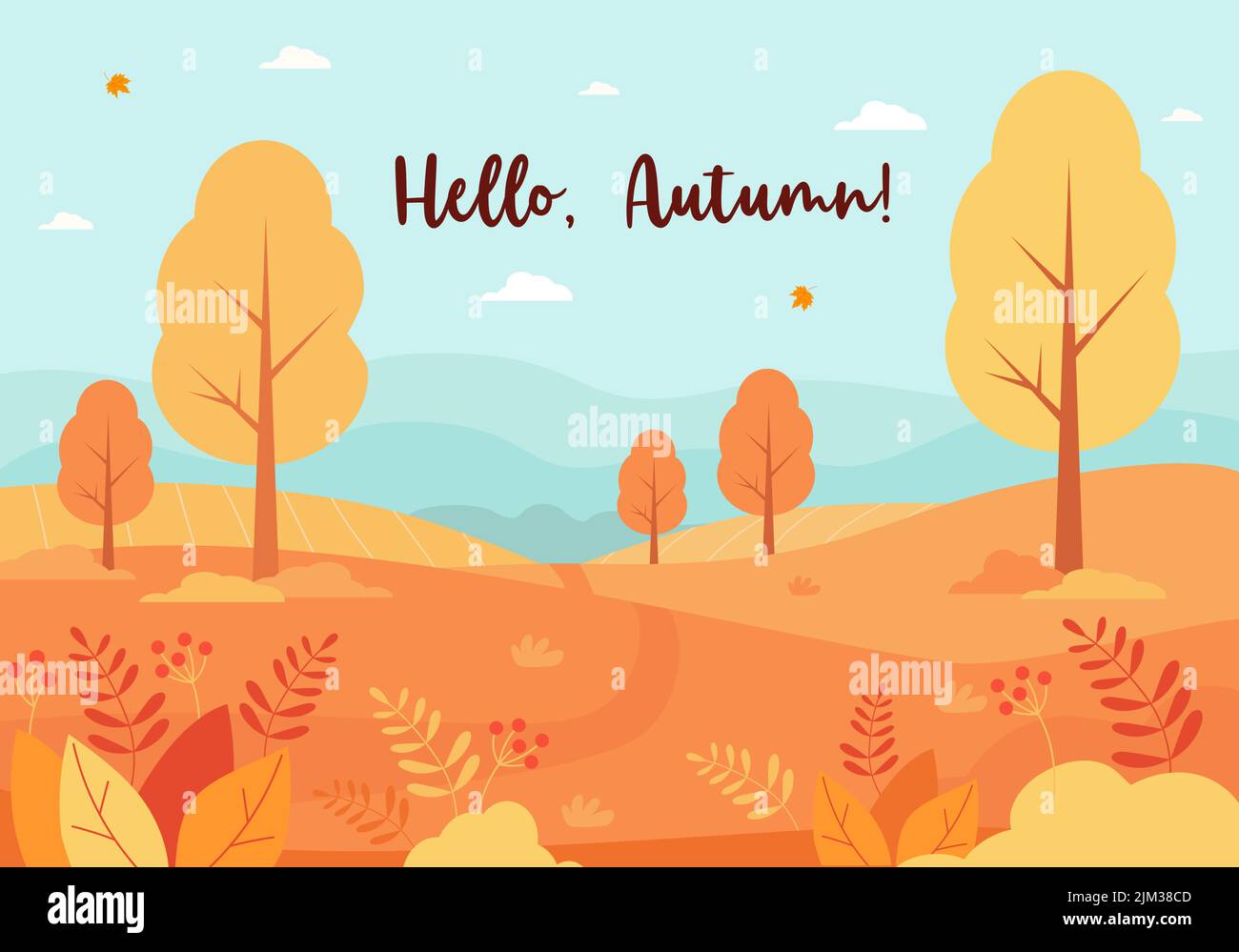 Poster Hello Autumn. Fall nature, park, hills and fields, autumn landscape with trees and plants ...