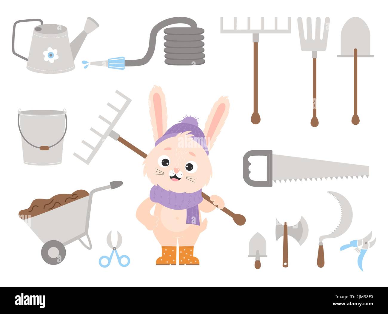 Set hare farmer and gardening tools. Cute rabbit with rake and his ...